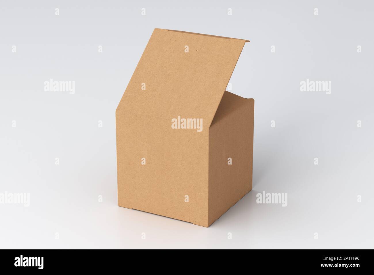 Blank cardboard cube gift box with opened hinged flap lid on white ...