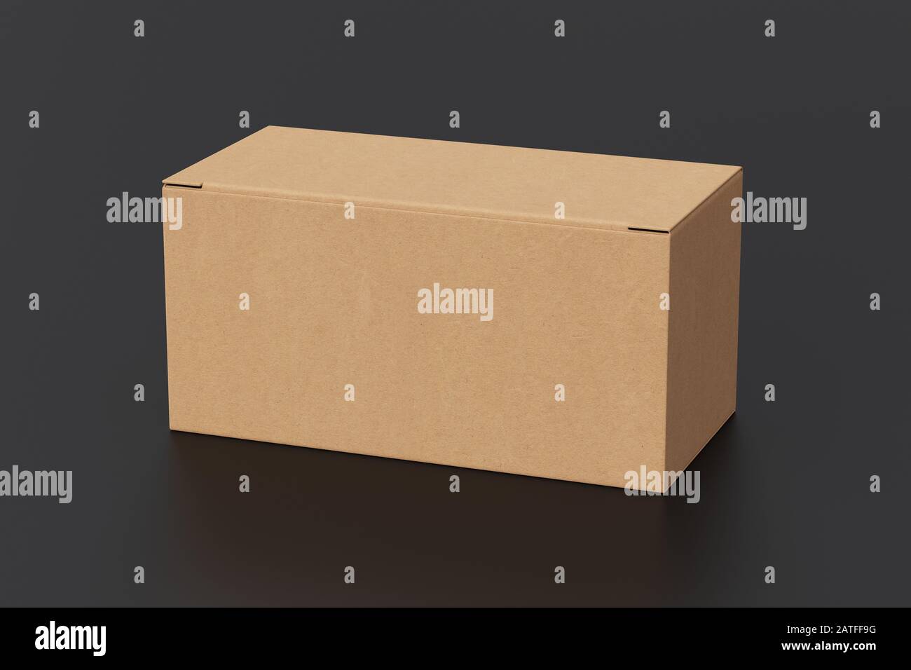Blank cardboard wide box with closed hinged flap lid on black ...