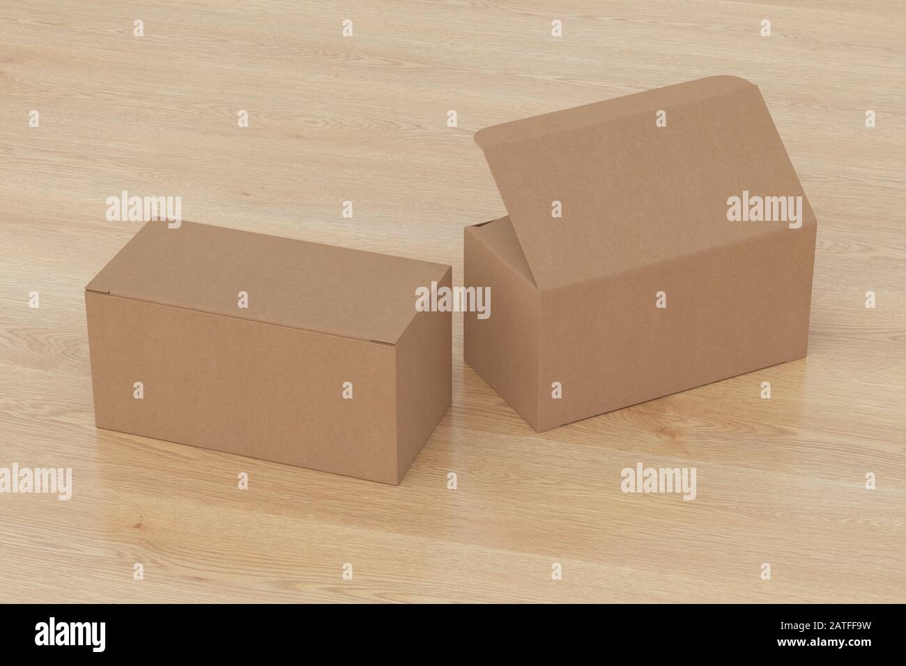 Blank cardboard wide box with open and closed hinged flap lid on wooden ...