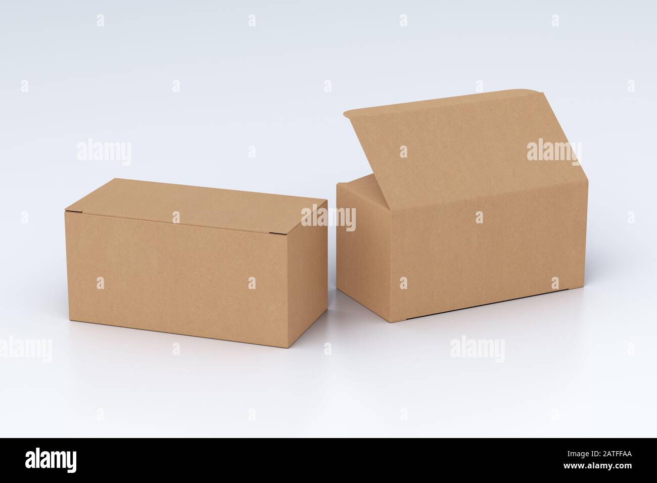 Blank cardboard wide box with open and closed hinged flap lid on white ...