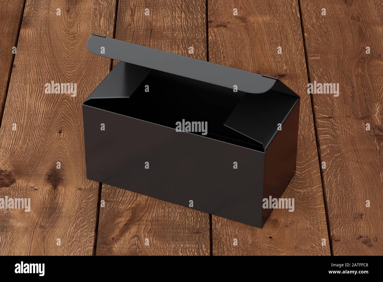 Blank black wide box with opened hinged flap lid on dark wooden ...