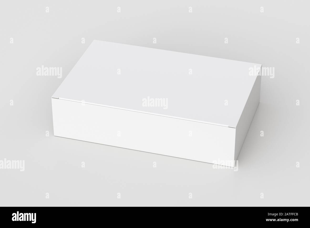 Blank white wide flat box with closed hinged flap lid on white ...