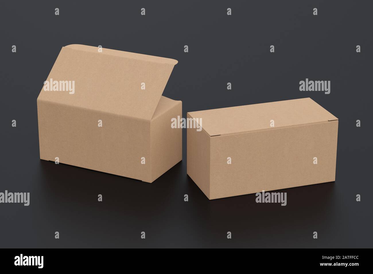 Blank cardboard wide box with open and closed hinged flap lid on black ...