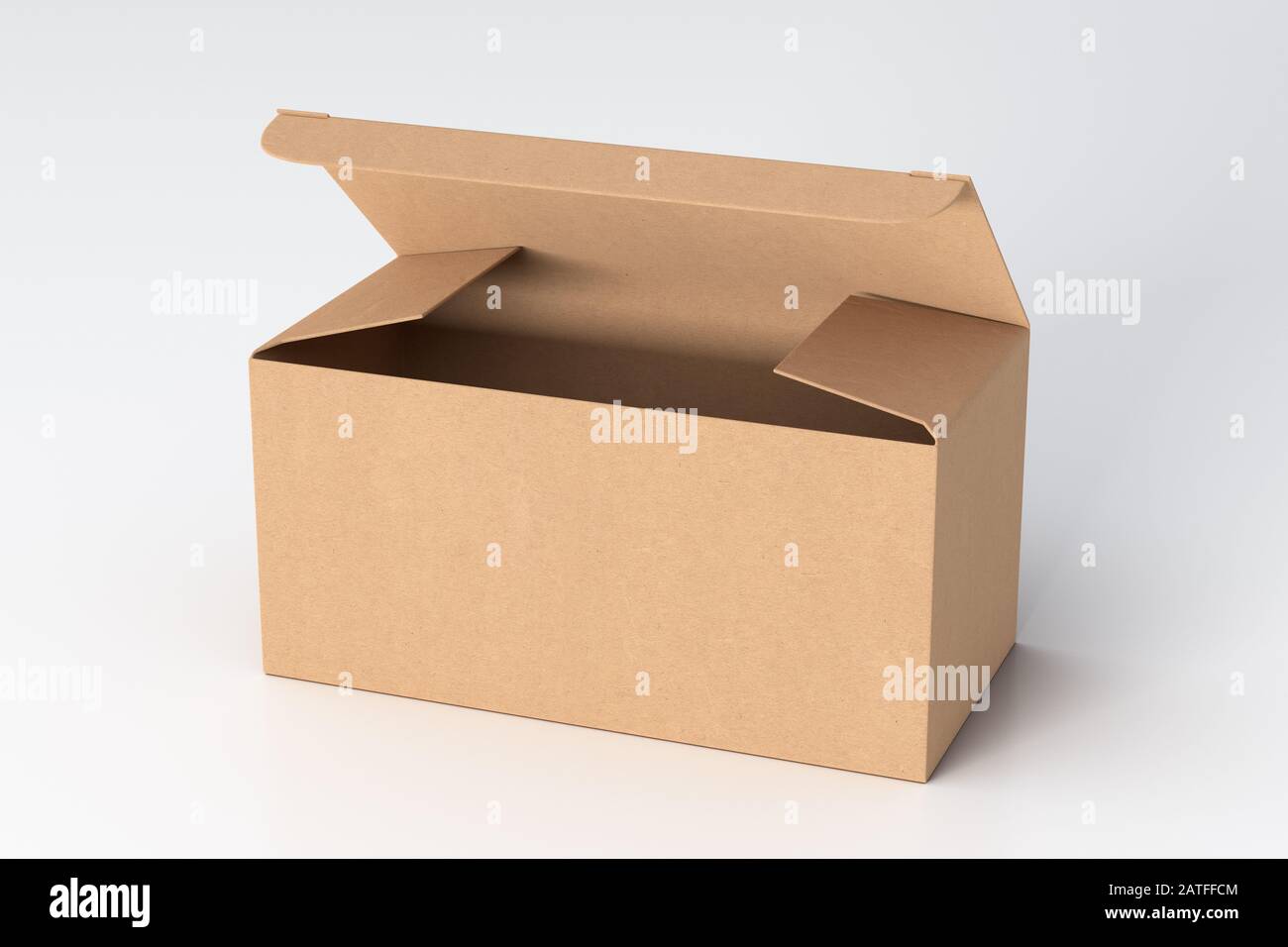 Blank cardboard wide box with opened hinged flap lid on white ...