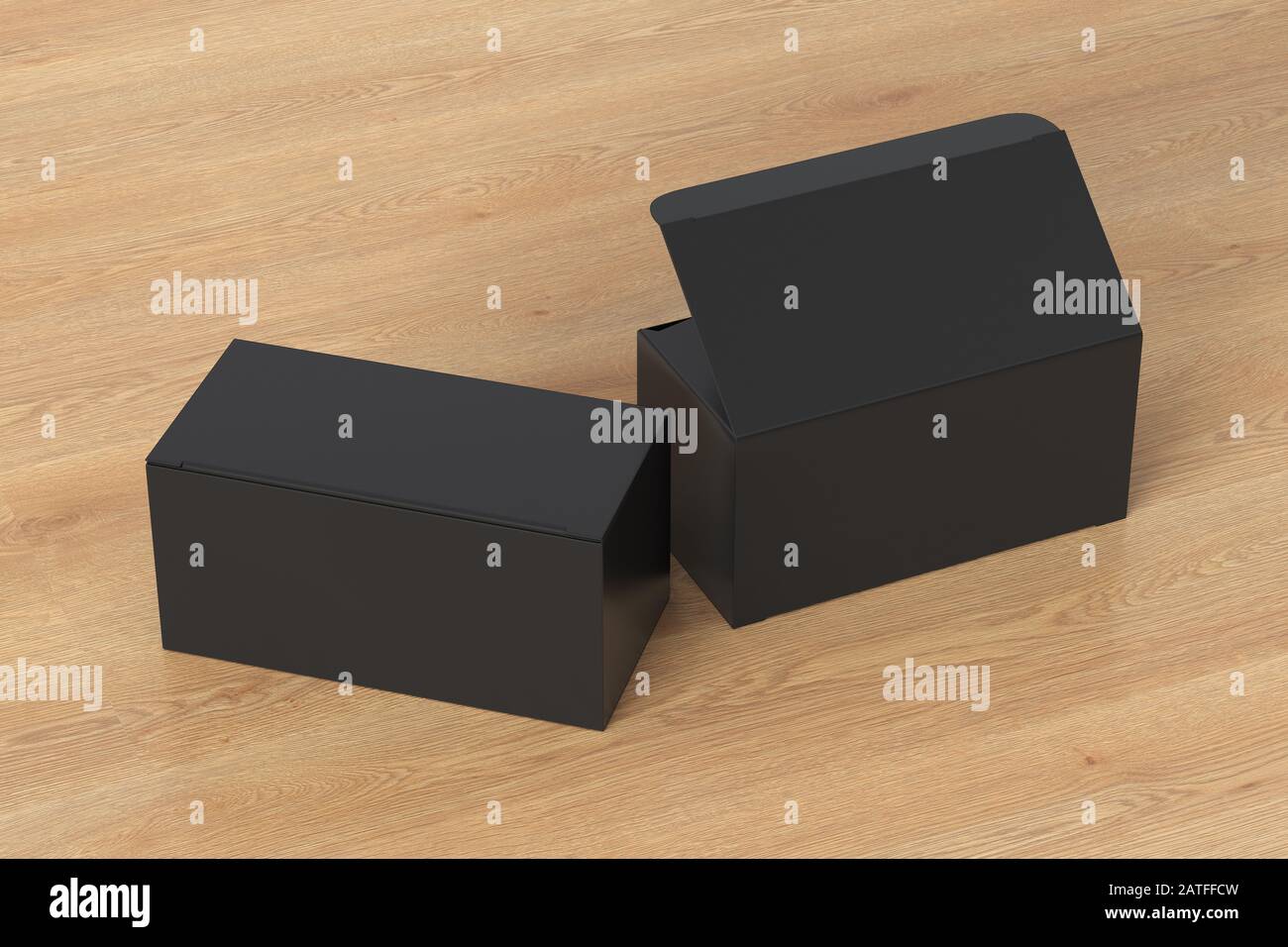 Blank black wide box with open and closed hinged flap lid on wooden ...