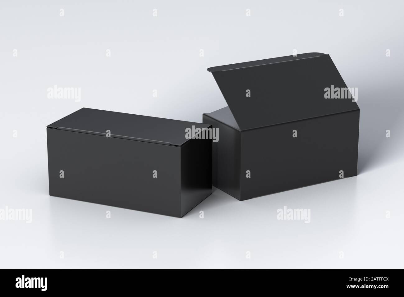 Blank black wide box with open and closed hinged flap lid on white ...