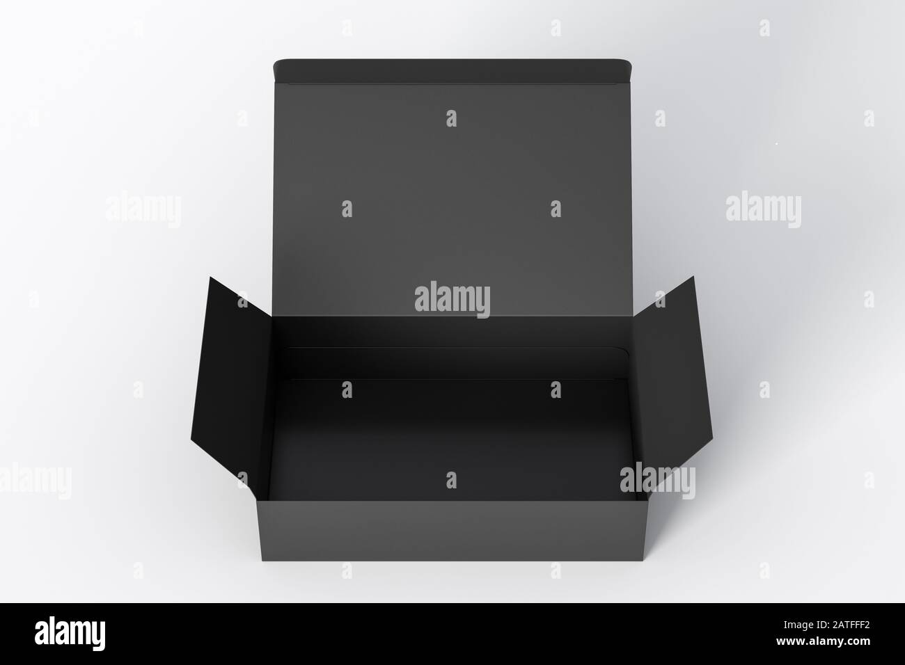 Blank black wide flat box with opened hinged flap lid on white ...