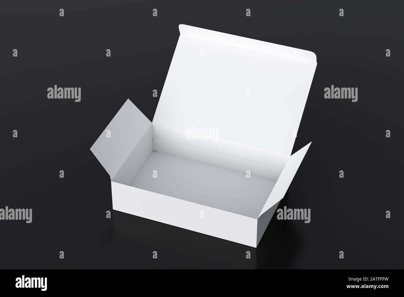 Blank white wide flat box with opened hinged flap lid on black ...