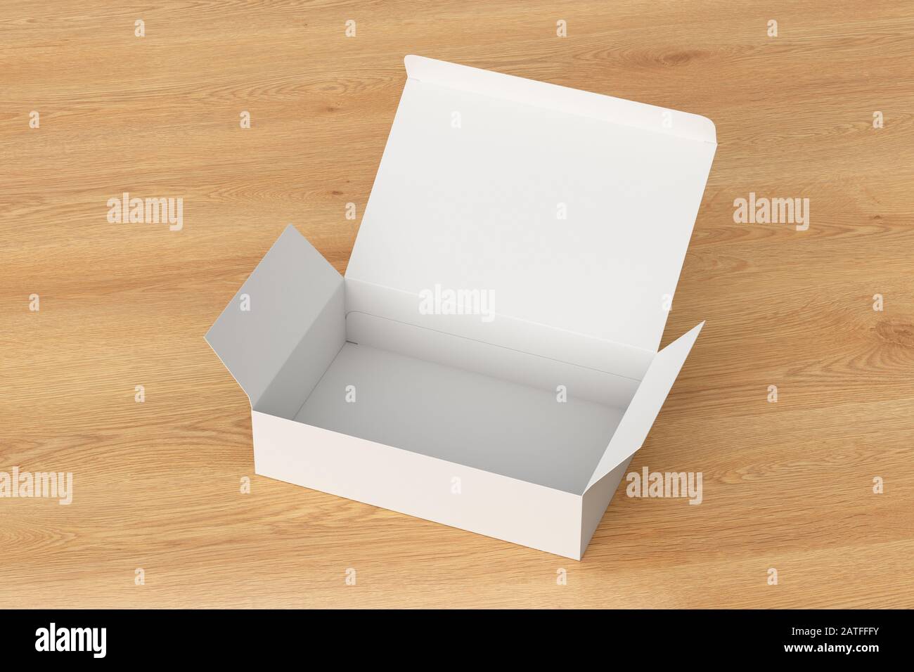 Blank white wide flat box with opened hinged flap lid on wooden ...