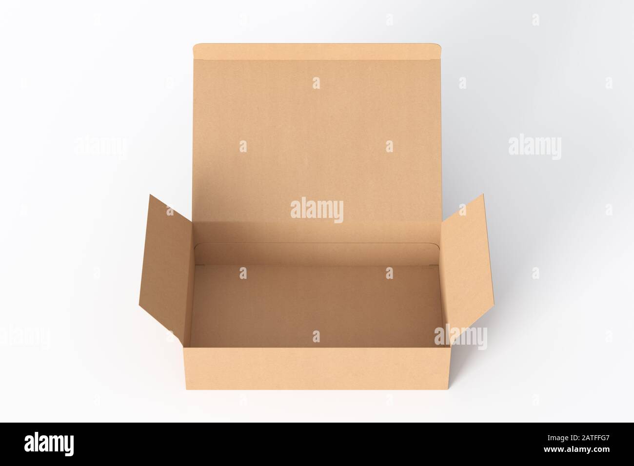 Blank cardboard wide flat box with opened hinged flap lid on white ...