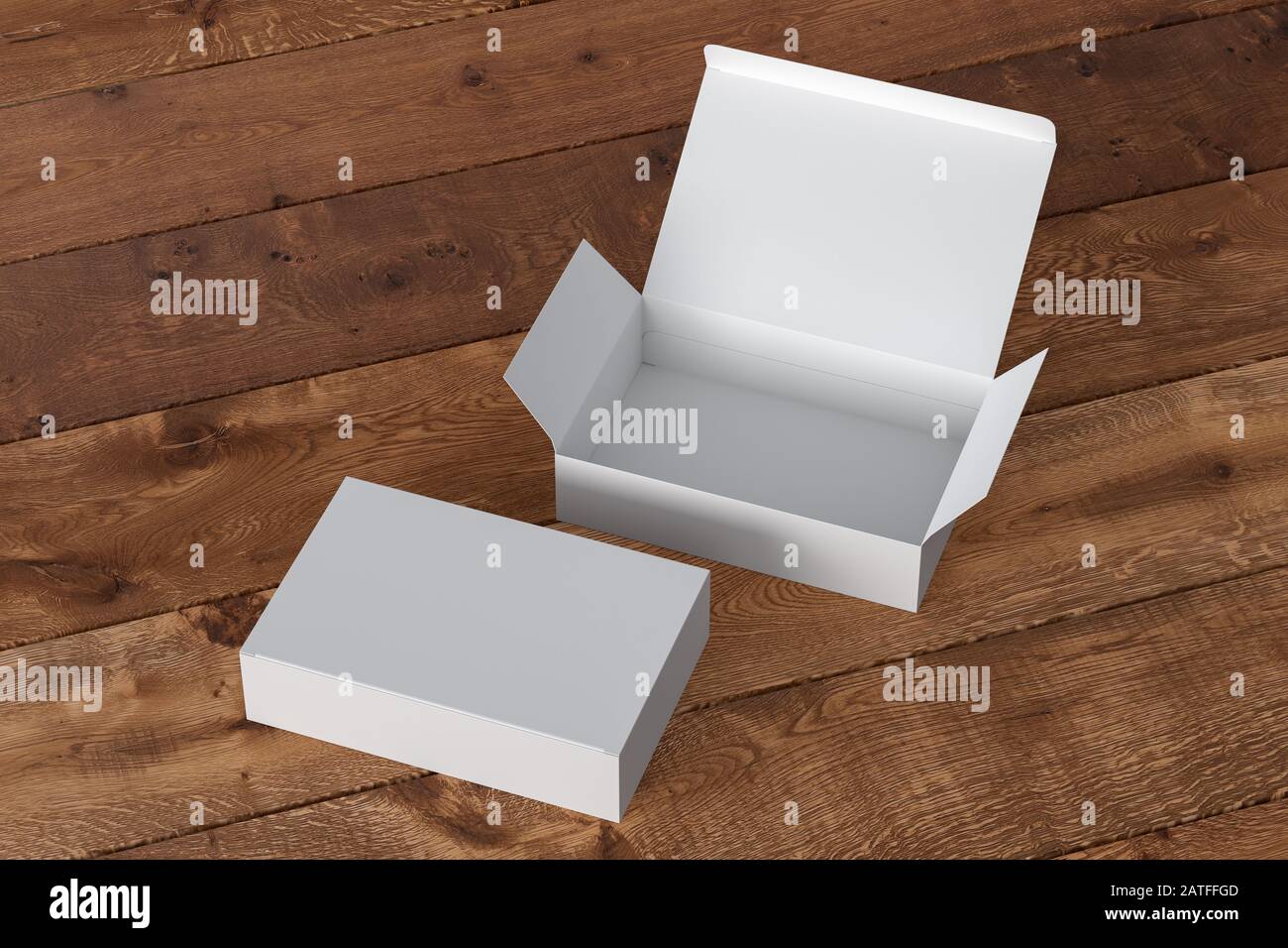Blank white wide flat box with open and closed hinged flap lid on dark ...