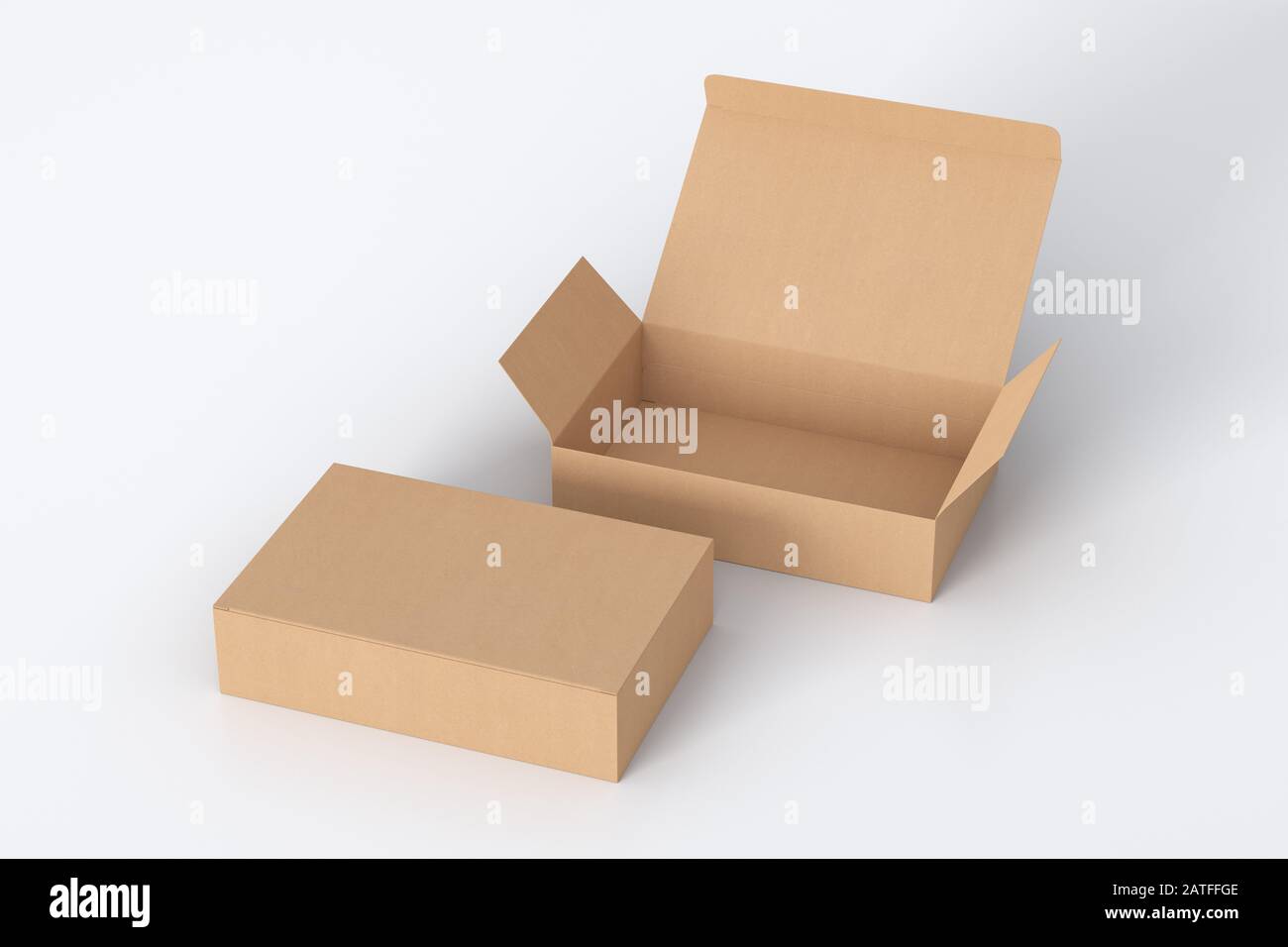 Blank cardboard wide flat box with open and closed hinged flap lid on ...