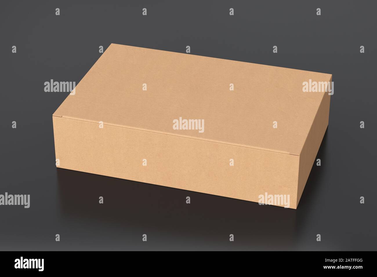 Blank cardboard wide flat box with closed hinged flap lid on black ...