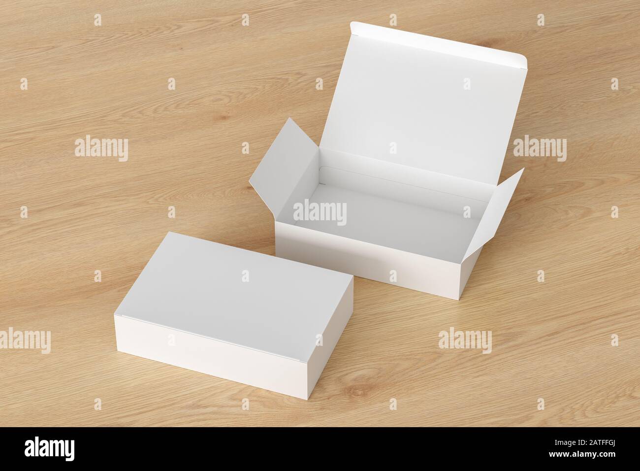 Blank white wide flat box with open and closed hinged flap lid on ...