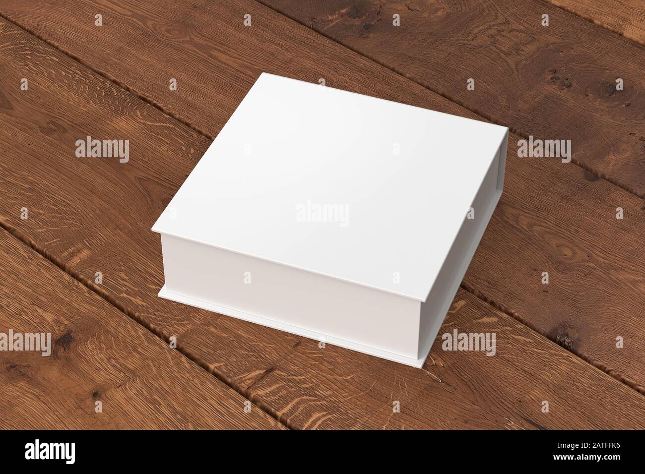 Blank white flat square gift box with closed hinged flap lid on dark ...