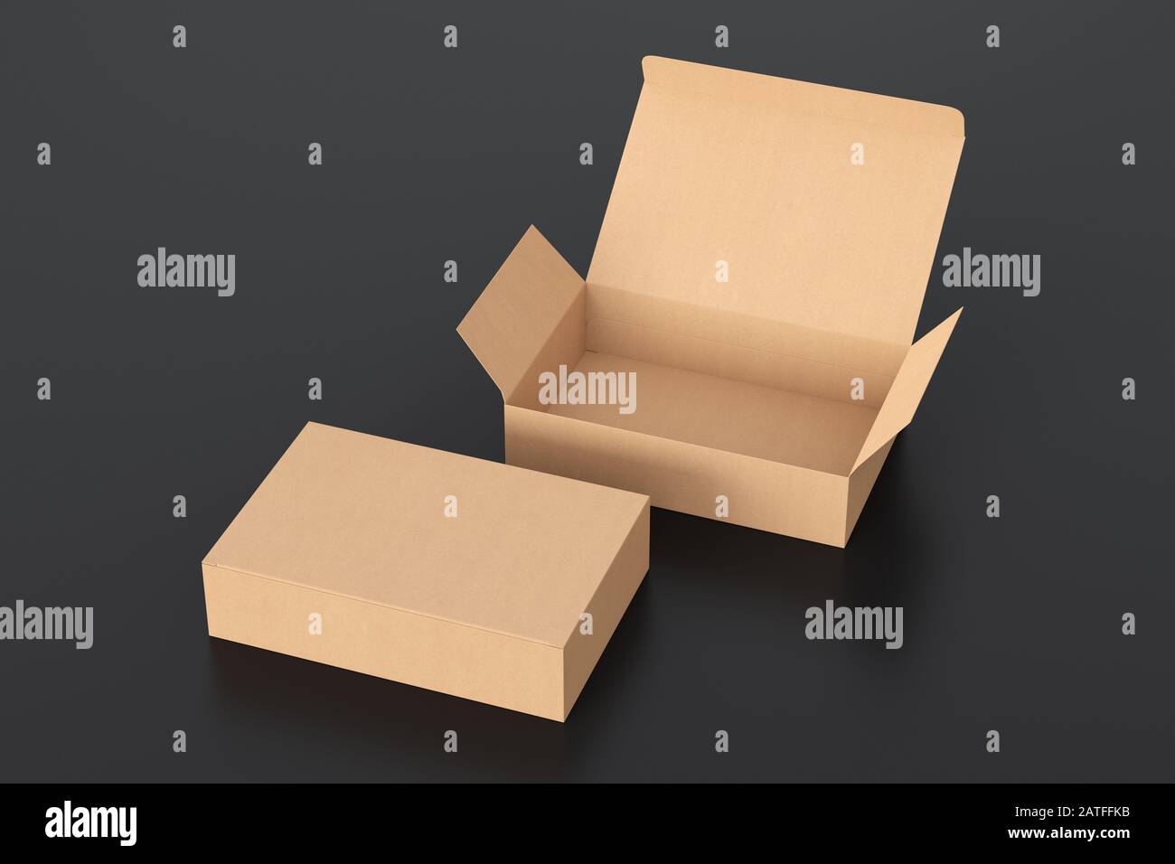 Blank cardboard wide flat box with open and closed hinged flap lid on ...