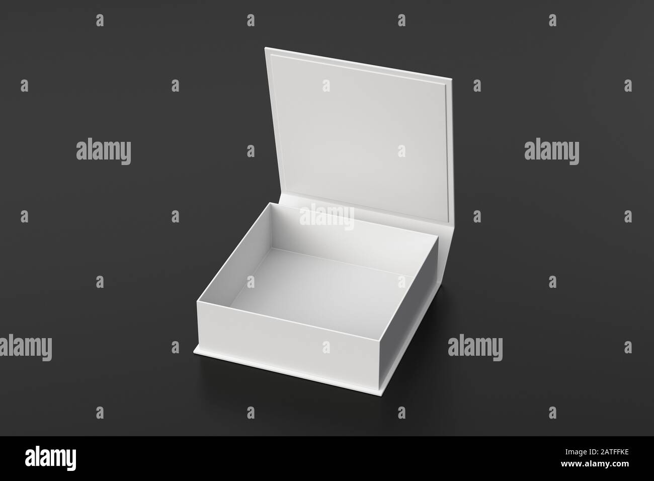 Blank white flat square gift box with opened hinged flap lid on black ...