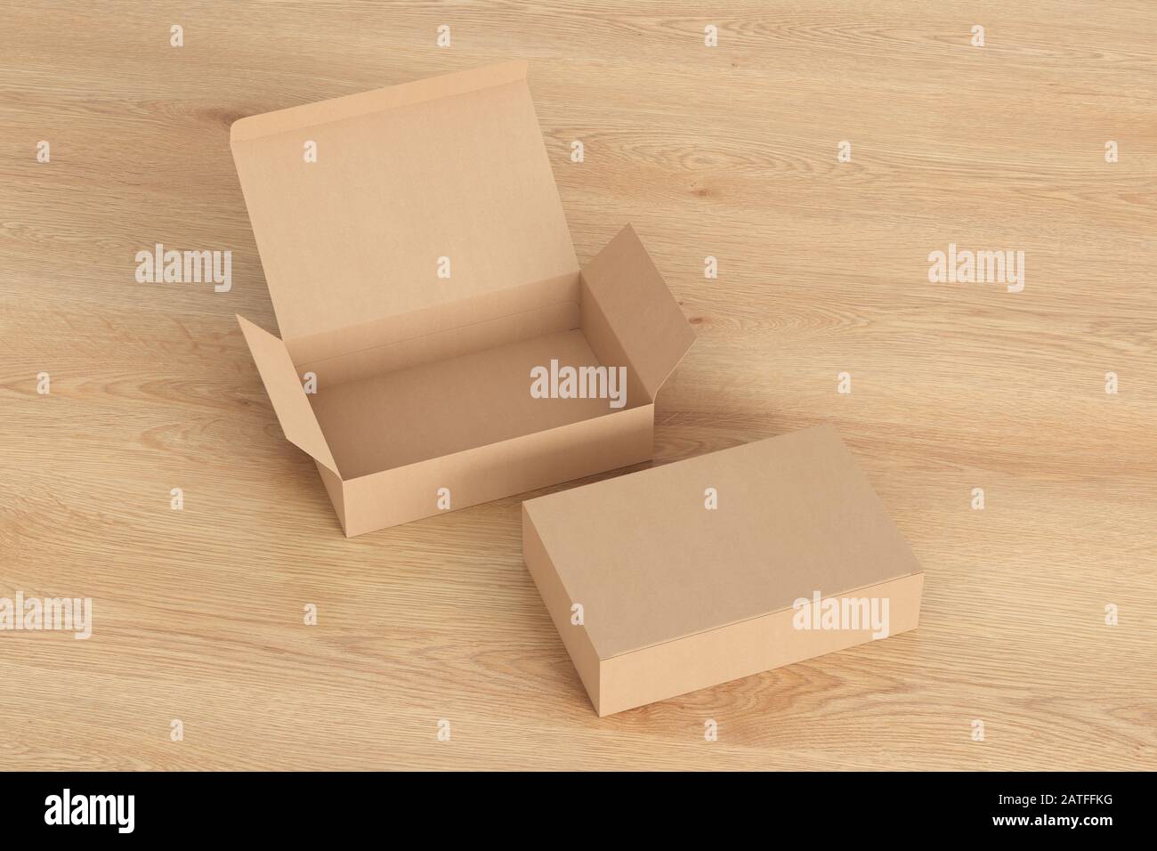 Blank cardboard wide flat box with open and closed hinged flap lid on ...