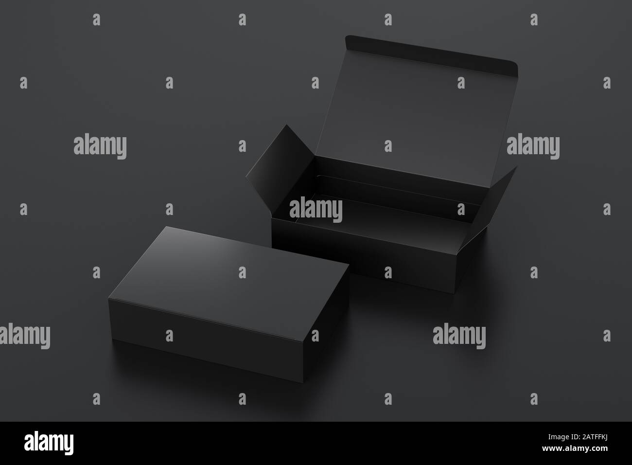 Blank black wide flat box with open and closed hinged flap lid on black ...