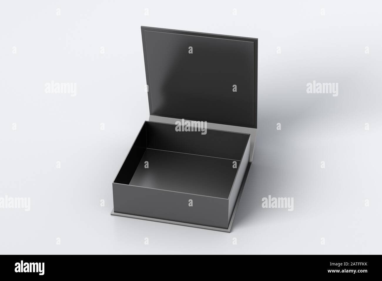 Blank black flat square gift box with opened hinged flap lid on white ...
