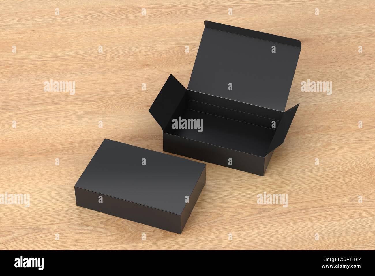 Blank black wide flat box with open and closed hinged flap lid on ...