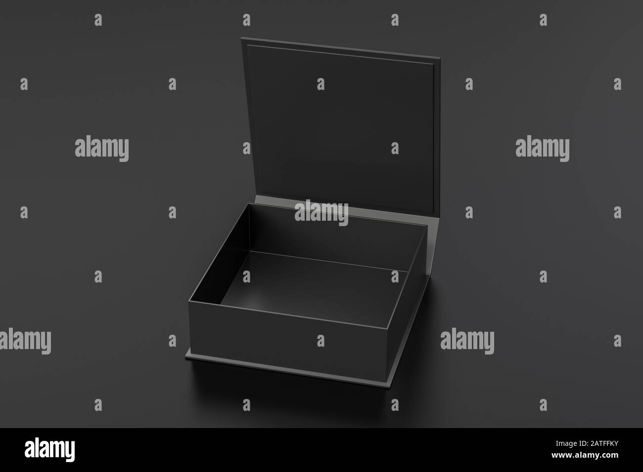 Blank black flat square gift box with opened hinged flap lid on black ...