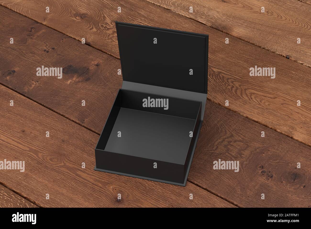 Blank black flat square gift box with opened hinged flap lid on dark ...