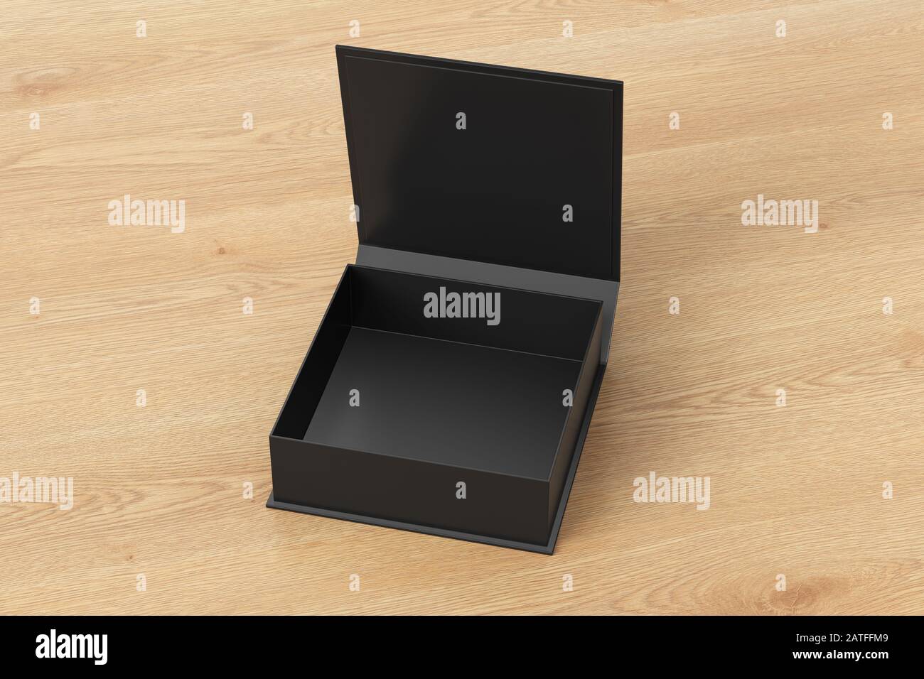 Blank black flat square gift box with opened hinged flap lid on wooden ...