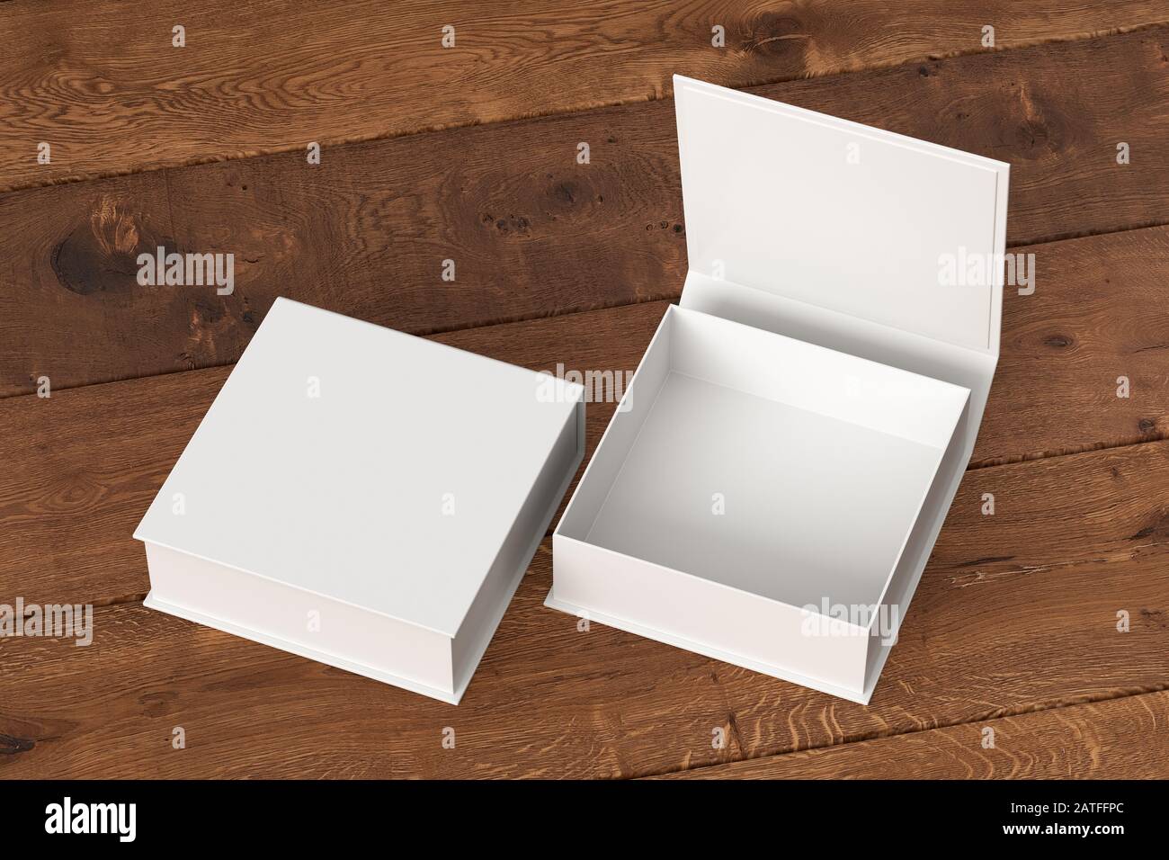 Blank white flat square gift box with open and closed hinged flap lid ...