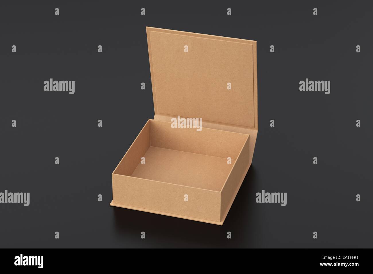 Blank cardboard flat square gift box with opened hinged flap lid on ...