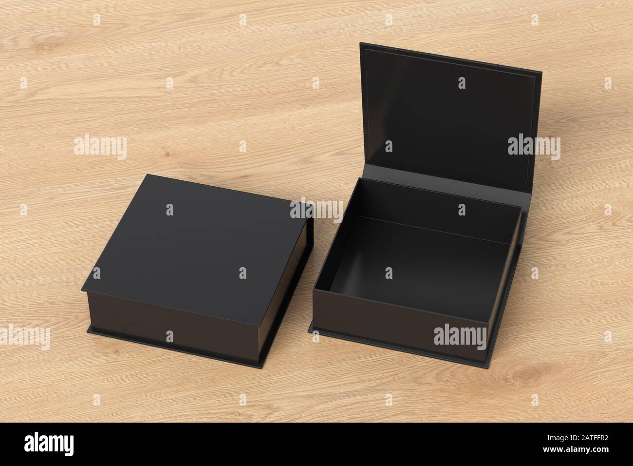 Blank black flat square gift box with open and closed hinged flap lid ...