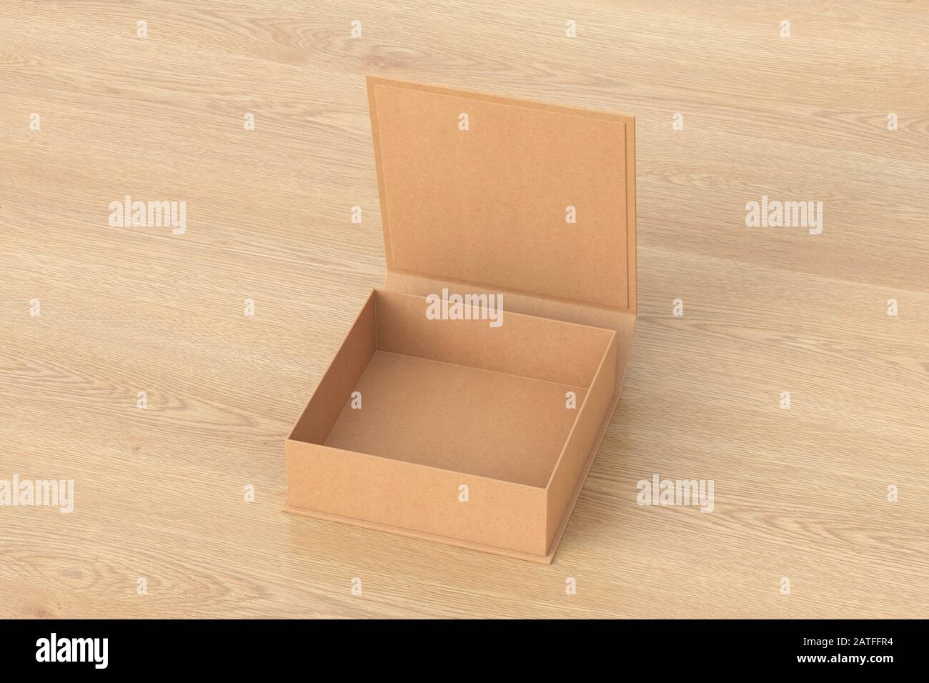 Blank cardboard flat square gift box with opened hinged flap lid on ...