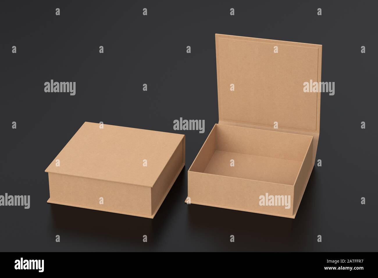 Blank cardboard flat square gift box with open and closed hinged flap ...