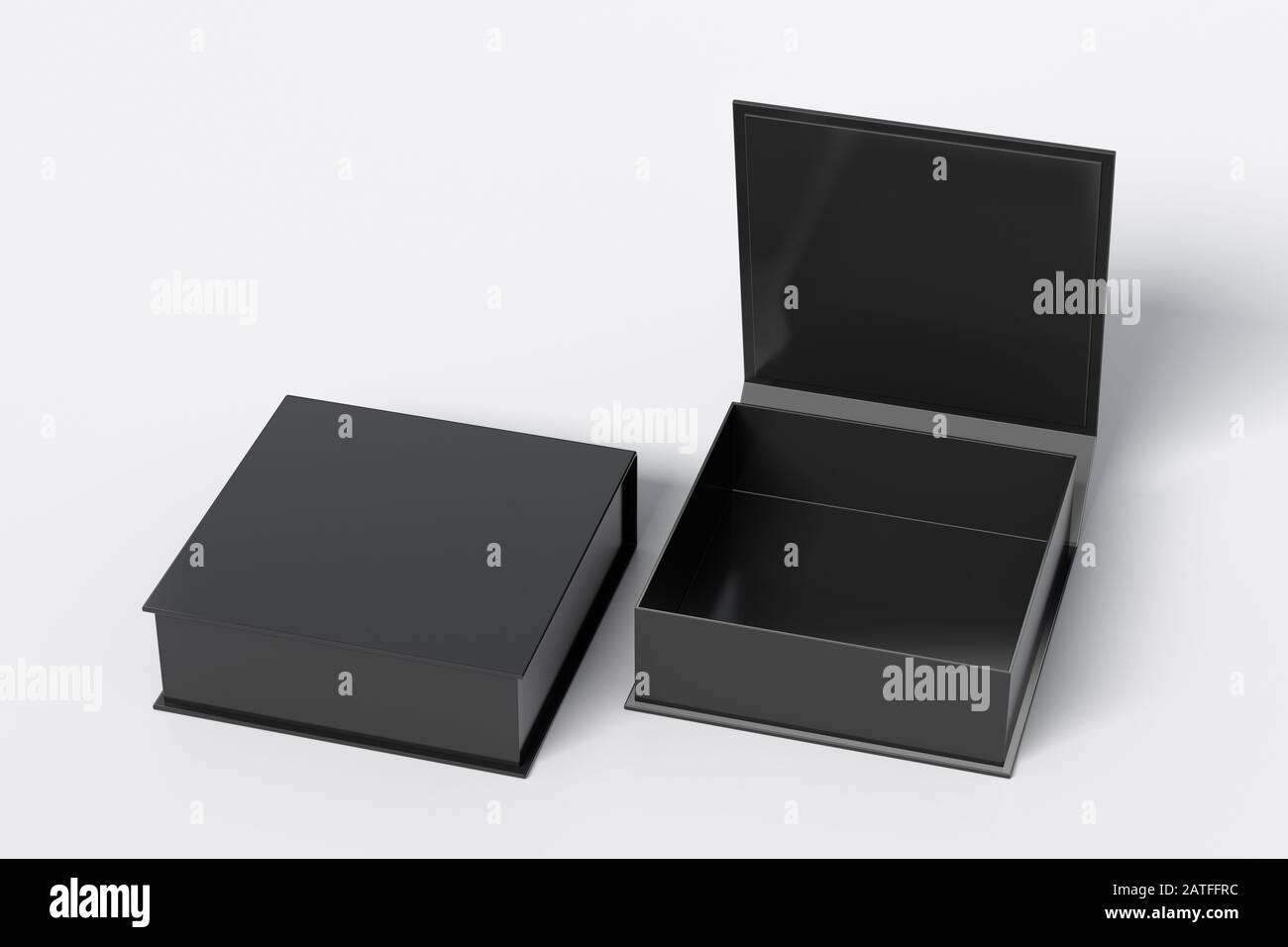 Blank black flat square gift box with open and closed hinged flap lid ...