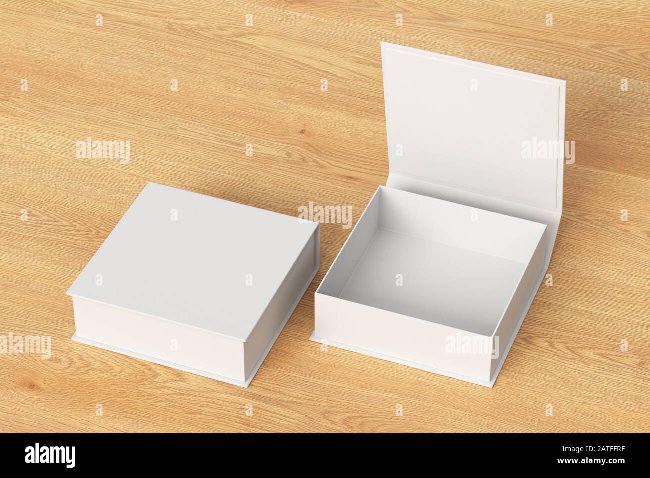 Blank white flat square gift box with open and closed hinged flap lid ...