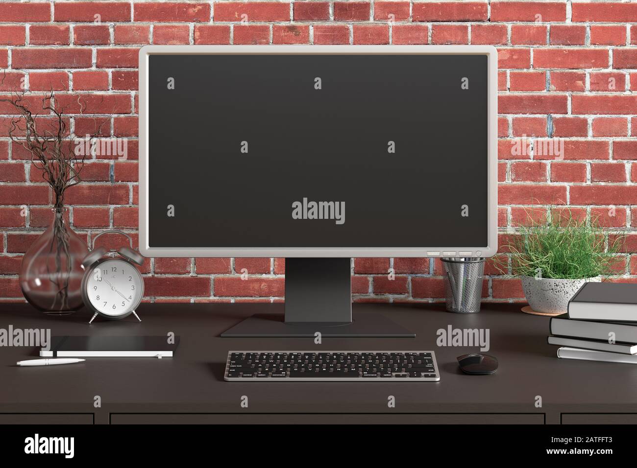 Workspace with blank computer monitor black screen mock up on the black ...