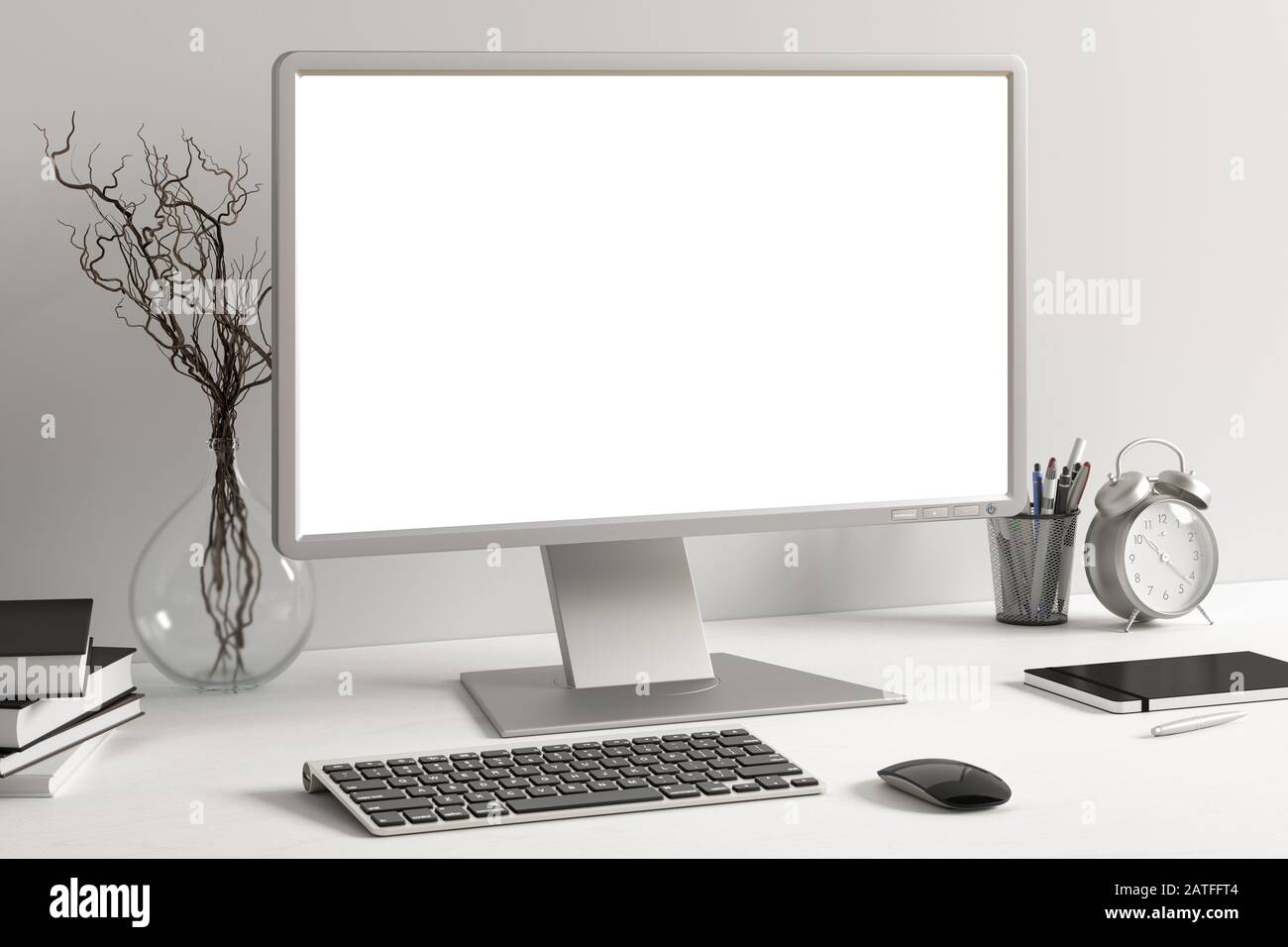 Workspace with blank computer monitor white screen mock up on the white ...