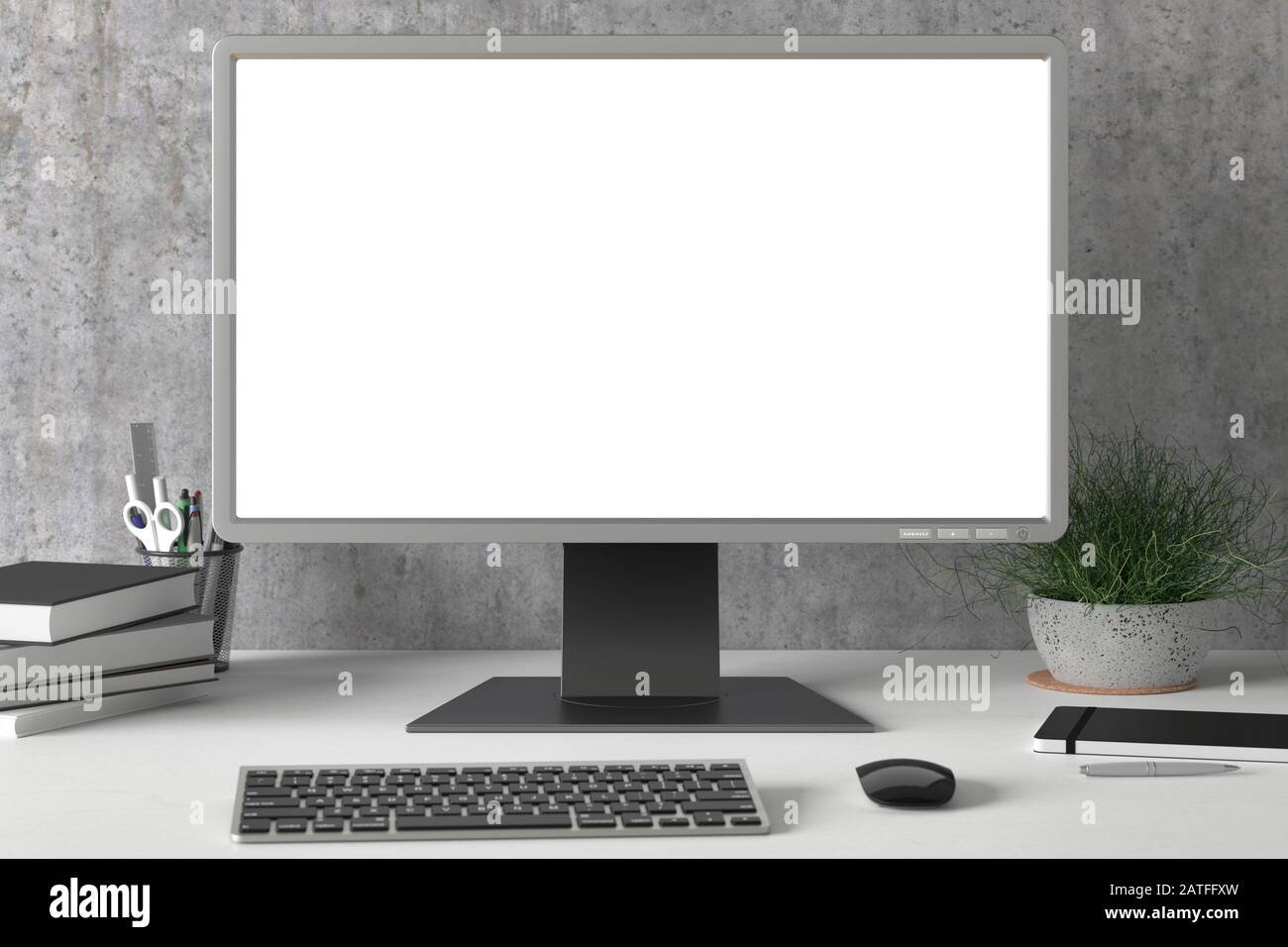 Workspace with blank computer monitor white screen mock up on the white ...