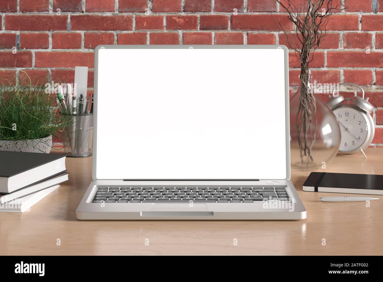 Workspace with blank laptop monitor white screen mock up on the wooden ...