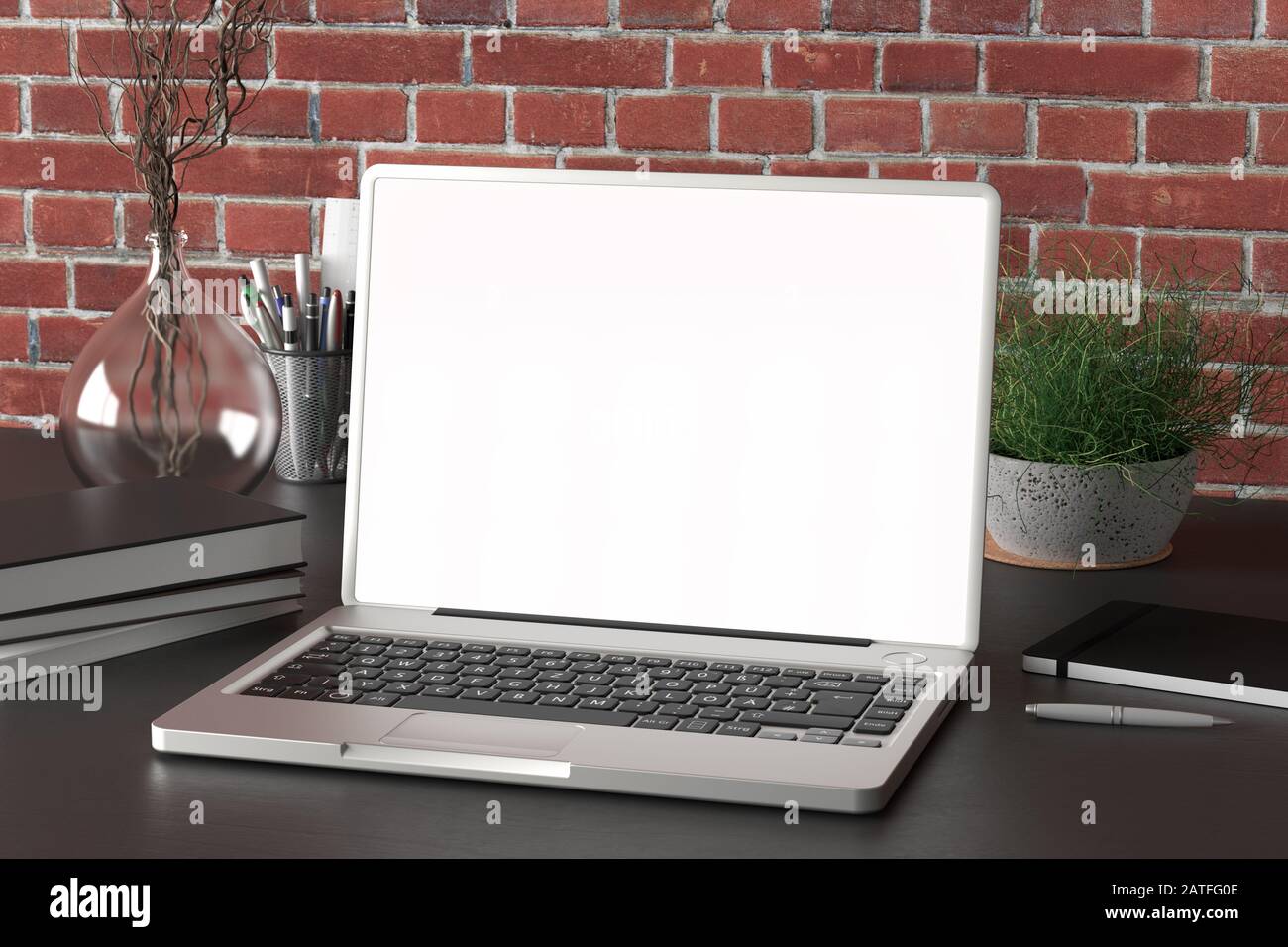 Workspace with blank laptop monitor white screen mock up on the dark ...