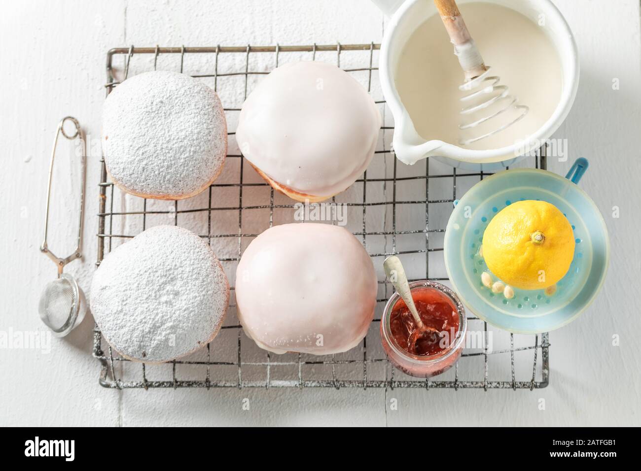 Top down view of tasty donuts with powdered sugar Stock Photo - Alamy