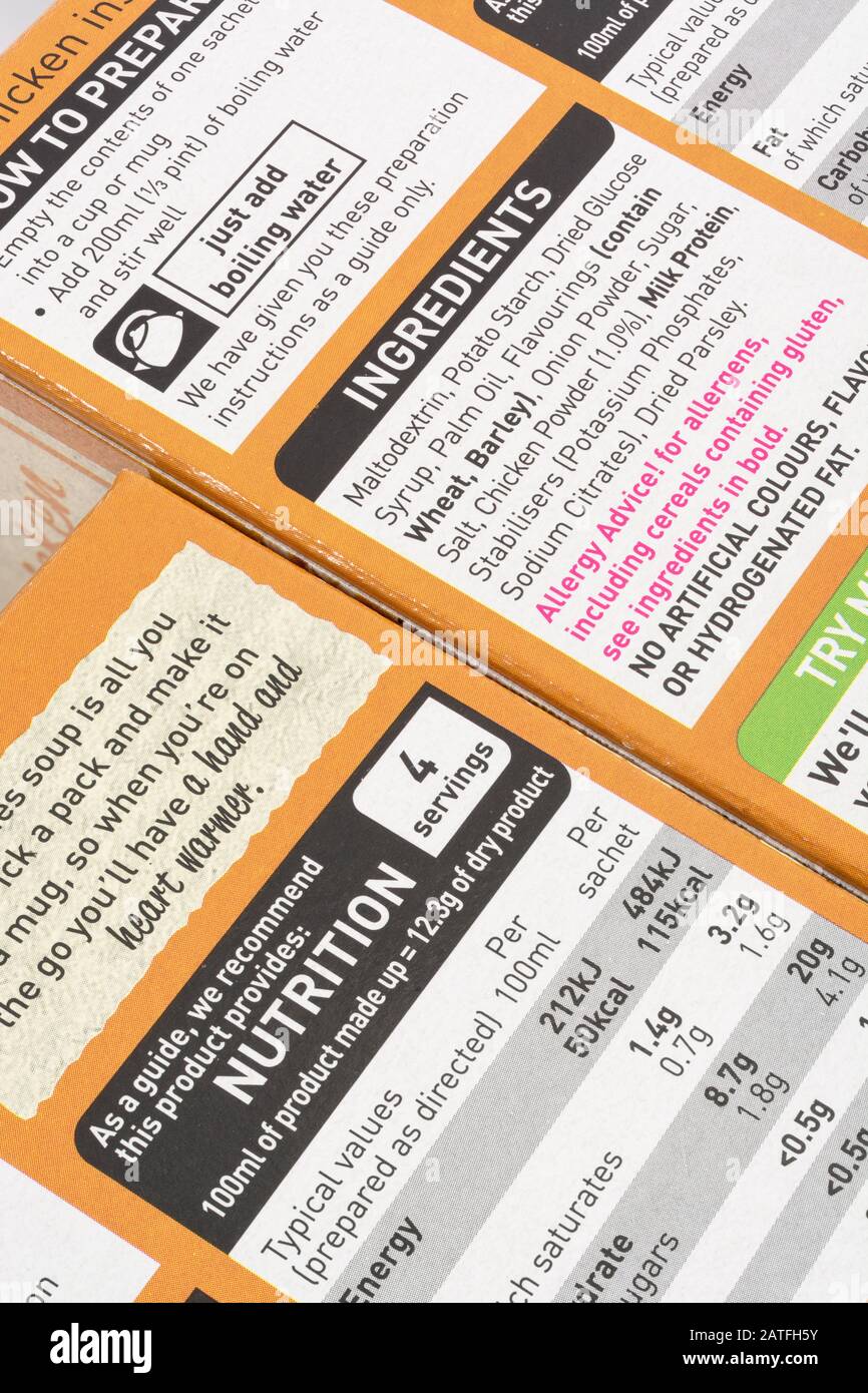 ASDA instant chicken soup food packaging displaying dietary nutrition ...