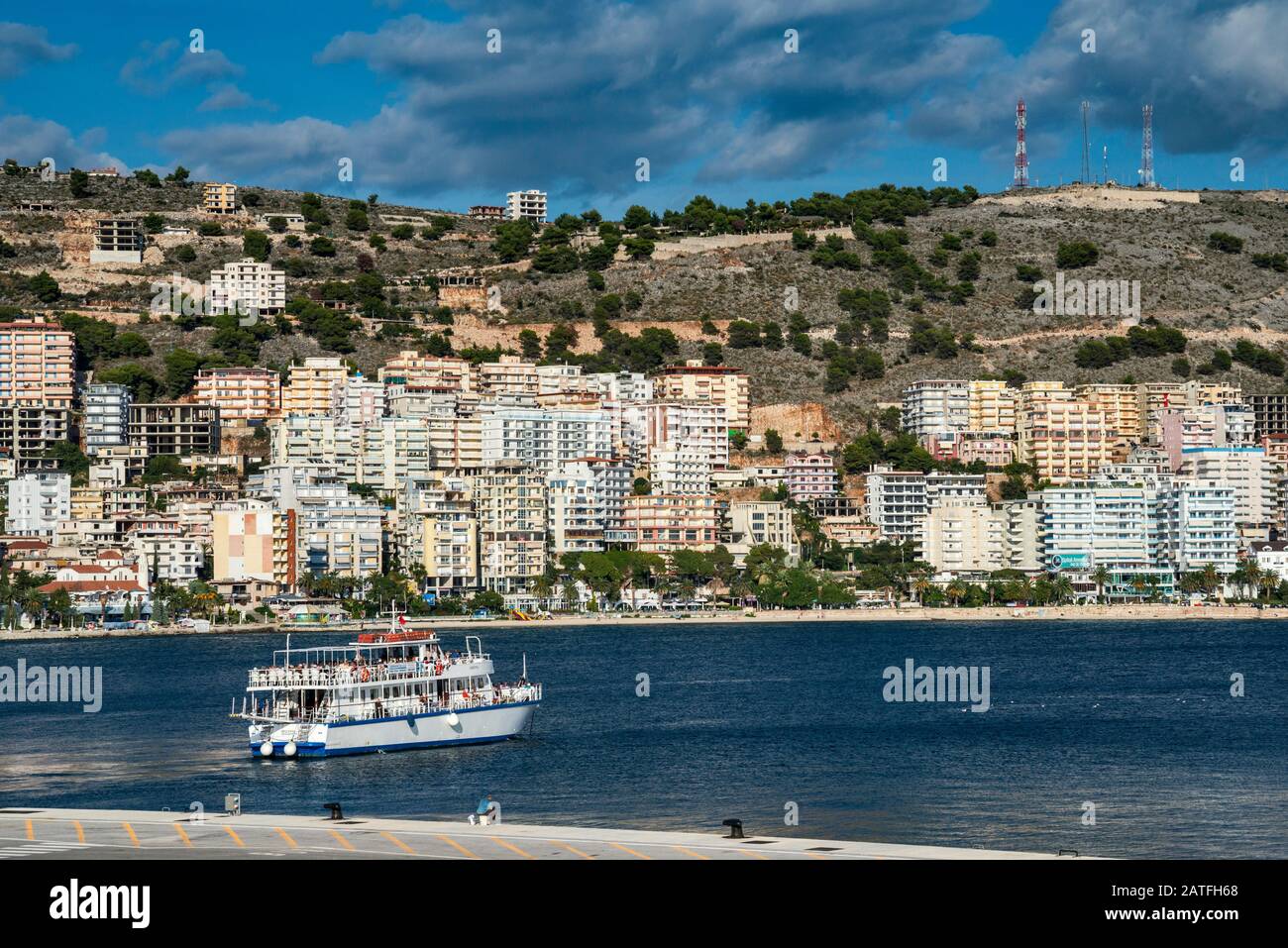 Cruise boat from Greece at Bay of Saranda, Ionian Sea coast in Saranda ...