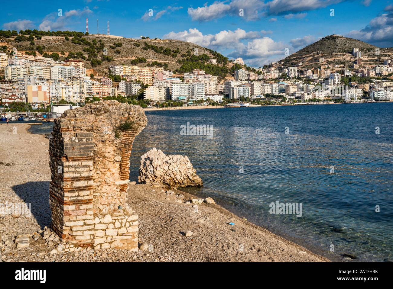 Remains of Roman watchtower on Saranda Bay beach, in Saranda (Sarande ...