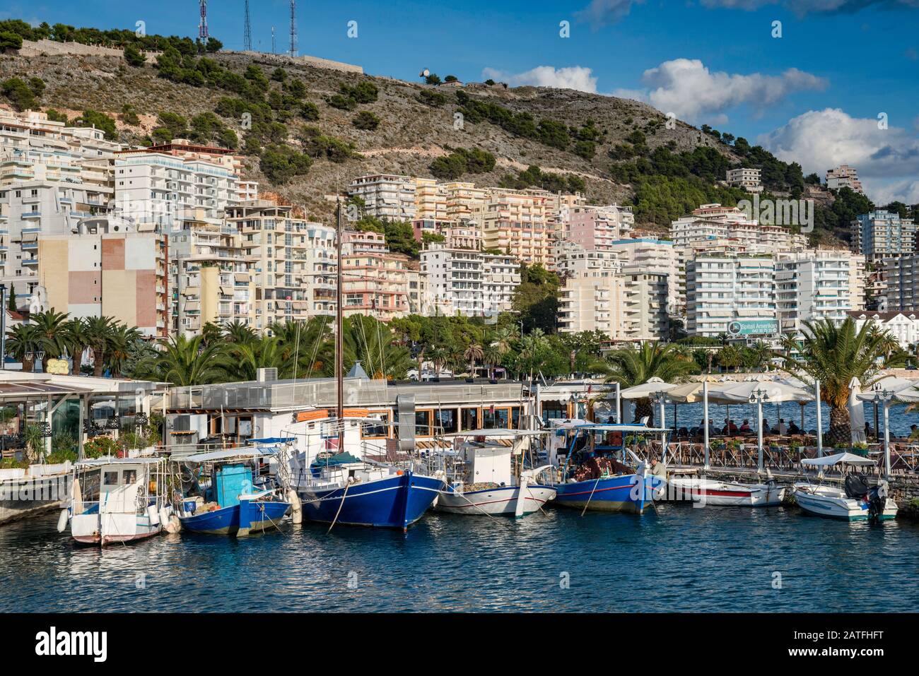 Boats at harbor, Saranda seafront, Ionian Sea coast in Saranda (Sarande ...