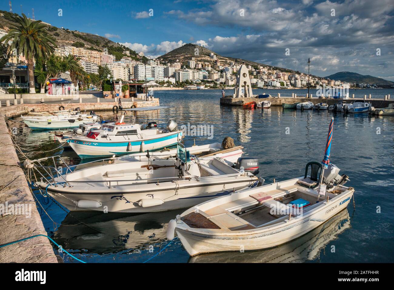 Boats at harbor, Saranda seafront, Ionian Sea coast in Saranda (Sarande ...