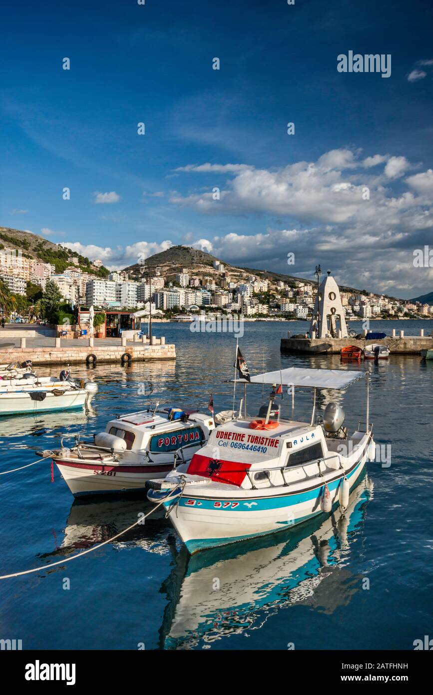 Boats at harbor, Saranda seafront, Ionian Sea coast in Saranda (Sarande ...
