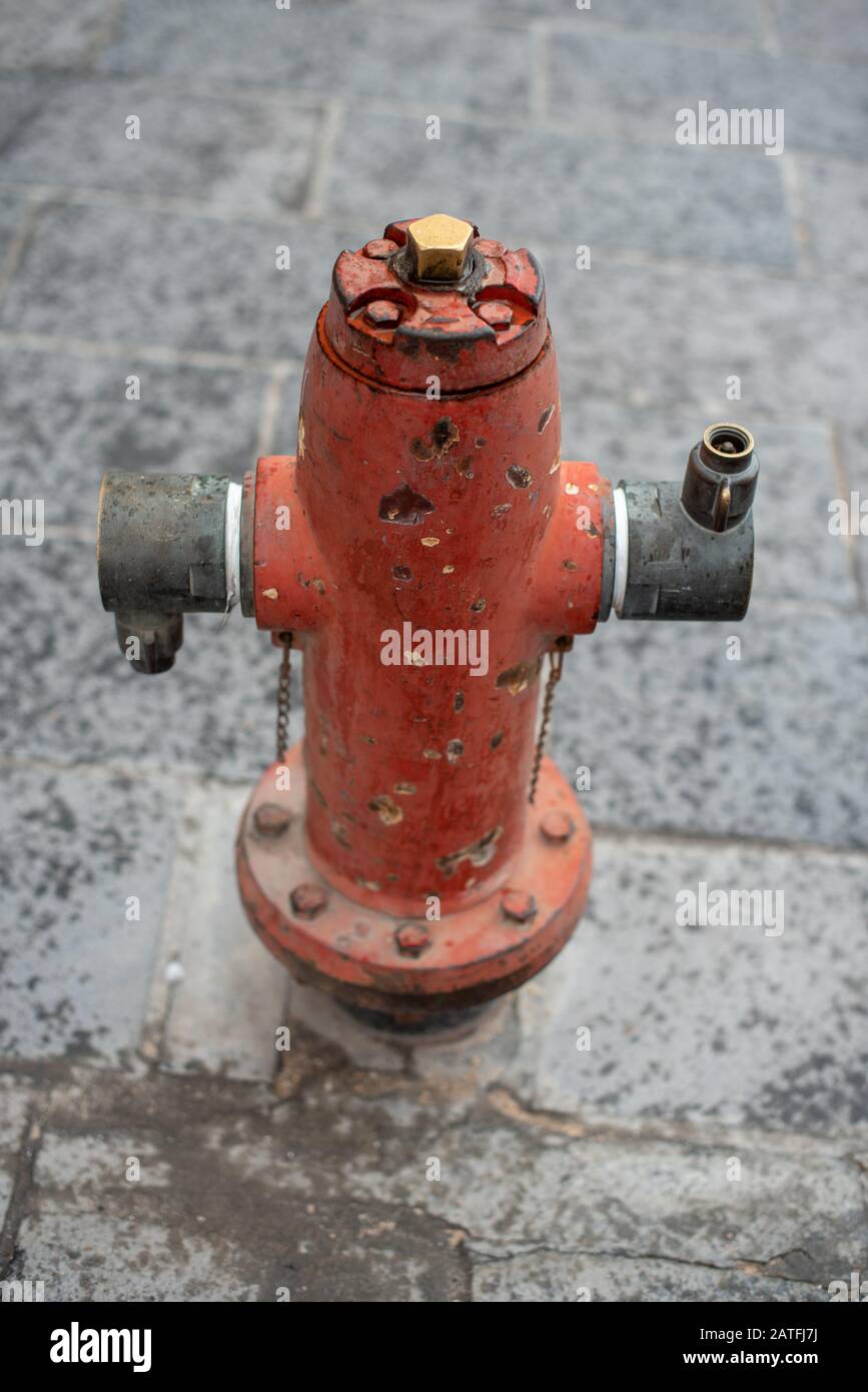 Topdown photo of a typical vintage red fire hydrant standing isolated ...