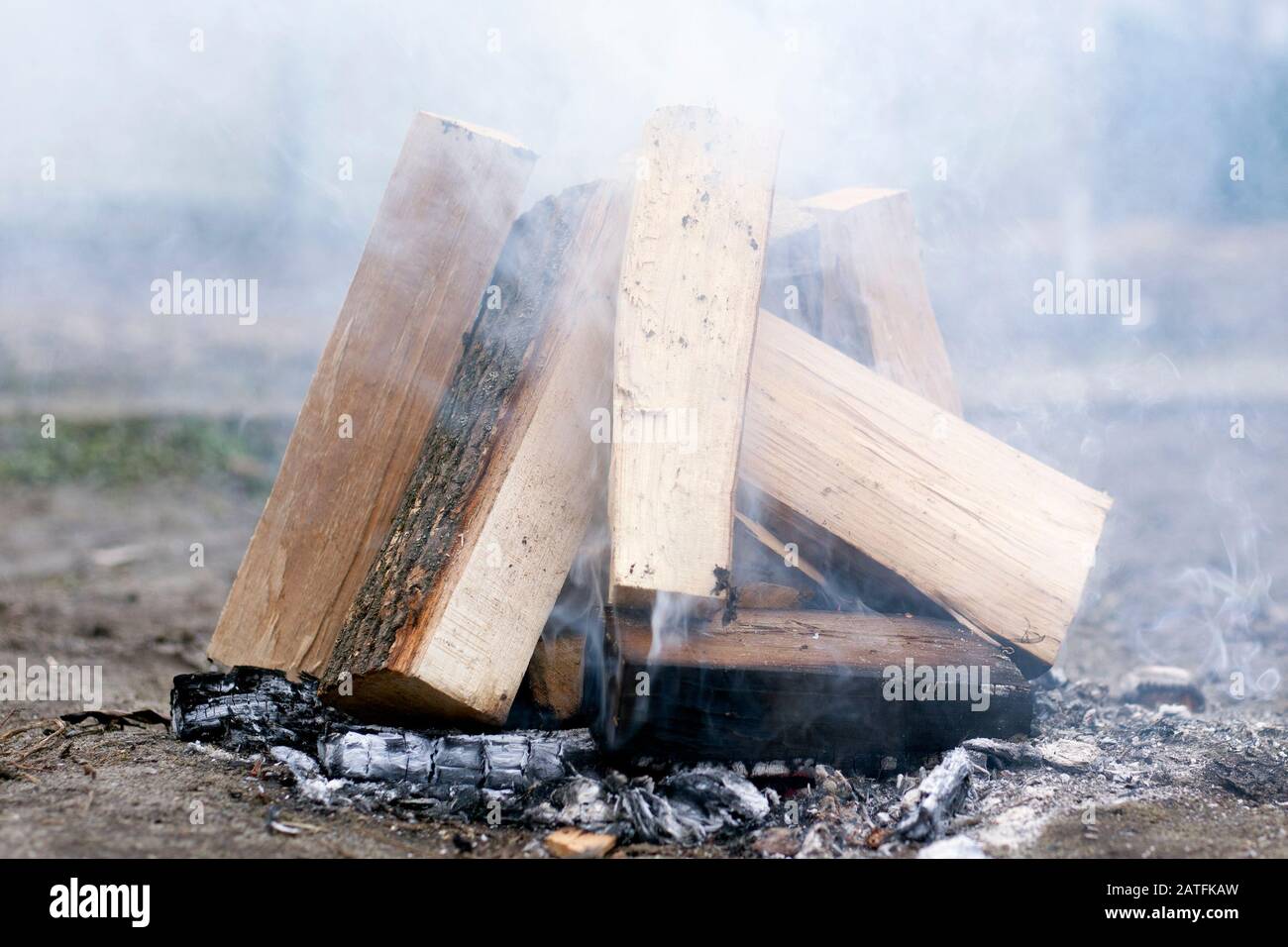 smoking bonfire in nature, make a fire for barbecue Stock Photo - Alamy