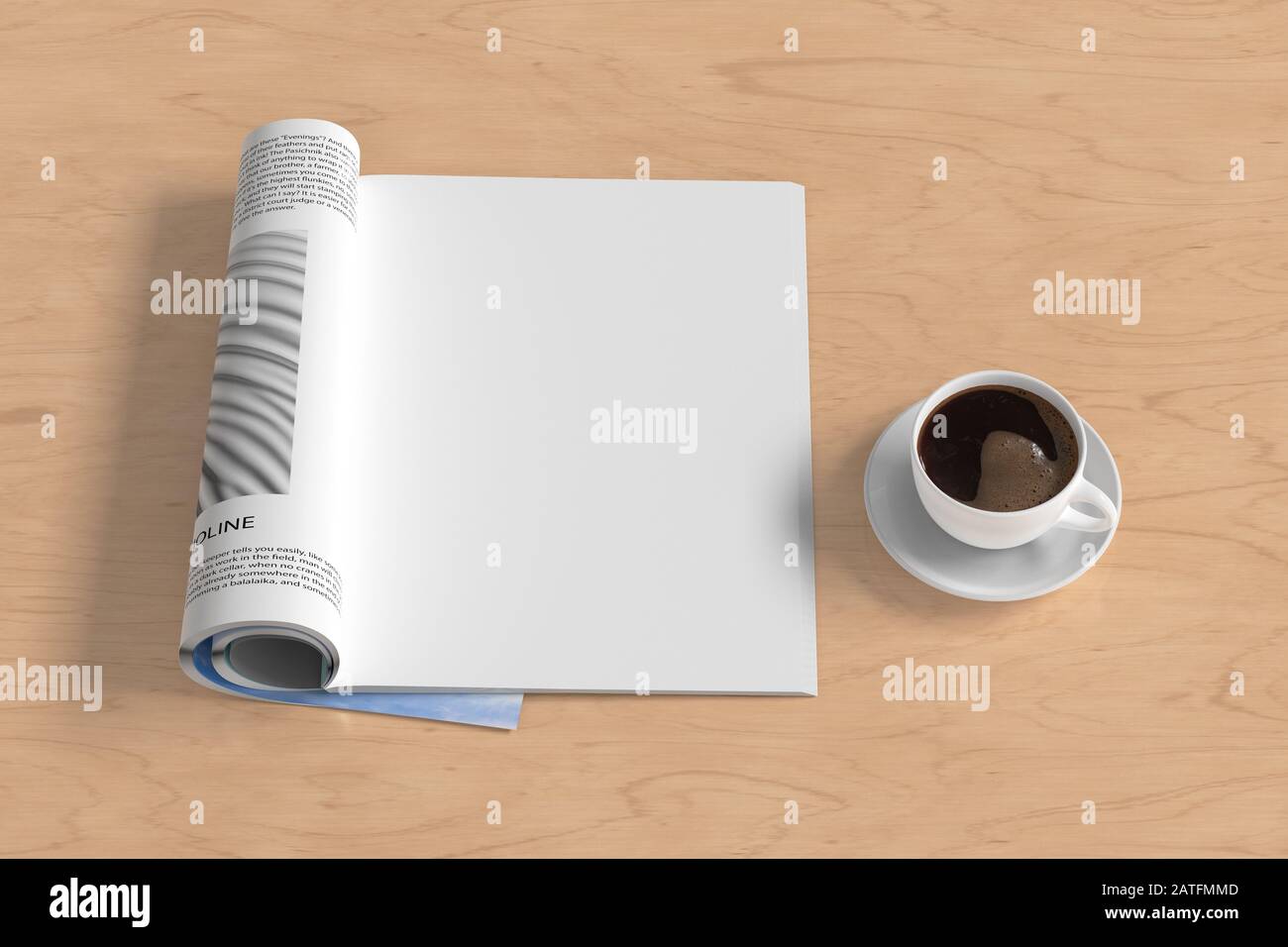 Blank magazine page. Workspace with magazine mock up on the wooden desk ...